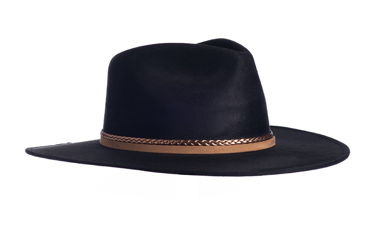 The Joshua – Black Vegan Suede Rancher Hat with Bronze Braided Trim ...